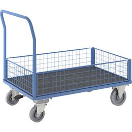 eurokraft pro Plattformwagen, 4 halbhohe Gitterw&auml;nde, mit Zentralstopp, LxB 1300 x 800 mm