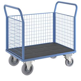 eurokraft pro Plattformwagen, 3 hohe Gitterw&auml;nde, mit Zentralstopp, LxB 1150 x 700 mm