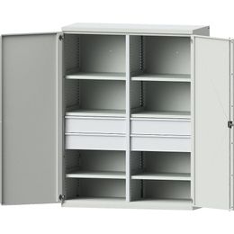 eurokraft pro Schwerlastschrank JUMBO aus Stahlblech, 6 Fachböden, 4 Schubladen 180 mm hoch, lichtgrau/lichtgrau