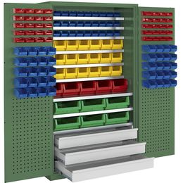 Mauser Gro&szlig;raumschrank, 9 Fachb&ouml;den, 142 Sichtlagerk&auml;sten, 3 Schubladen, resedagr&uuml;n
