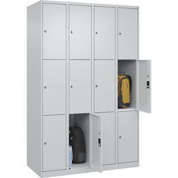C+P 3er-Schlie&szlig;fachschrank Classic PLUS, 4 Abteile, lichtgrau, B 1200 mm, 12 F&auml;cher, mit Bodengleitern