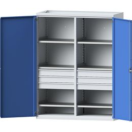 eurokraft pro Schwerlastschrank JUMBO aus Stahlblech, 6 Fachböden, 6 Schubladen 120 mm hoch, lichtgrau/lichtblau