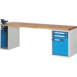 eurokraft pro Werkbank, Baukastensystem Serie 7000, 2 Schubladen, 1 Tür, 1 Schraubstock linksseitig, BxT 2500 x 700 mm