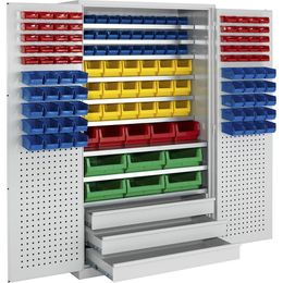 Mauser Gro&szlig;raumschrank, 9 Fachb&ouml;den, 142 Sichtlagerk&auml;sten, 3 Schubladen, lichtgrau