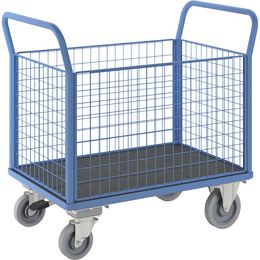 eurokraft pro Plattformwagen, 4 hohe Gitterw&auml;nde, mit Zentralstopp, LxB 1150 x 700 mm