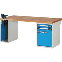 eurokraft pro Werkbank, Baukastensystem Serie 7000, 2 Schubladen, 1 Tür, 1 Schraubstock linksseitig, BxT 2000 x 900 mm