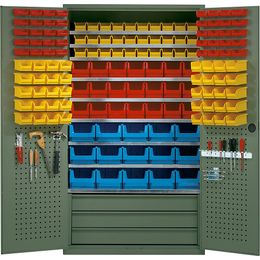 Mauser Gro&szlig;raumschrank, 9 Fachb&ouml;den, 146 Sichtlagerk&auml;sten, 3 Schubladen, resedagr&uuml;n