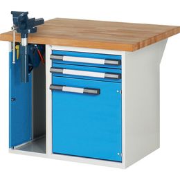 eurokraft pro Werkbank, Baukastensystem Serie 7000, 2 Schubladen, 1 Tür, 1 Schraubstock linksseitig, BxT 1000 x 900 mm