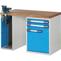 eurokraft pro Werkbank, Baukastensystem Serie 7000, 2 Schubladen, 1 Tür, 1 Schraubstock linksseitig, BxT 1250 x 700 mm