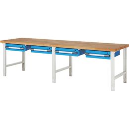 eurokraft pro Werkbank, Baukastensystem Serie 7000, 4 Hängeschubladen, BxT 3000 x 900 mm