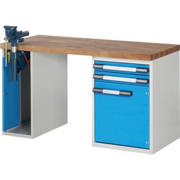 eurokraft pro Werkbank, Baukastensystem Serie 7000, 2 Schubladen, 1 Tür, 1 Schraubstock linksseitig, BxT 1500 x 700 mm
