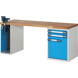 eurokraft pro Werkbank, Baukastensystem Serie 7000, 2 Schubladen, 1 Tür, 1 Schraubstock linksseitig, BxT 2000 x 700 mm