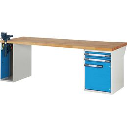 eurokraft pro Werkbank, Baukastensystem Serie 7000, 2 Schubladen, 1 Tür, 1 Schraubstock linksseitig, BxT 2500 x 900 mm
