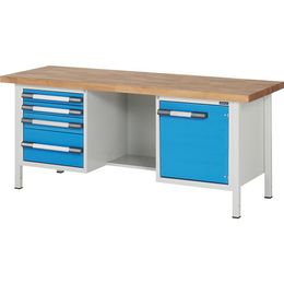 eurokraft pro Werkbank, Gestellbauweise Serie 8000, 4 Schubladen: 2 x 90, 1 x 120, 1 x 240 mm, 1 T&uuml;r 540 mm, Mitte offen, BxT 2000 x 700 mm