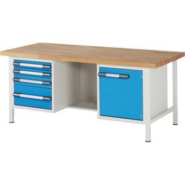 eurokraft pro Werkbank, Gestellbauweise Serie 8000, 4 Schubladen: 2 x 90, 1 x 120, 1 x 240 mm, 1 T&uuml;r 540 mm, Mitte offen, BxT 2000 x 900 mm