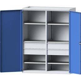 eurokraft pro Schwerlastschrank JUMBO aus Stahlblech, 6 Fachböden, 4 Schubladen 180 mm hoch, lichtgrau/lichtblau