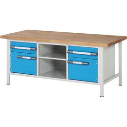 eurokraft pro Werkbank, Gestellbauweise Serie 8000, 2 Schubladen 180 mm, 2 T&uuml;ren 360 mm, 1 Ablageboden, 1 Fachboden, BxT 2000 x 900 mm