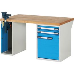 eurokraft pro Werkbank, Baukastensystem Serie 7000, 2 Schubladen, 1 Tür, 1 Schraubstock linksseitig, BxT 1500 x 900 mm