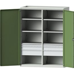 eurokraft pro Schwerlastschrank JUMBO aus Stahlblech, 6 Fachböden, Schubladen 2 x 60 mm, 2 x 120 mm, 2 x 180 mm hoch, lichtgrau/resedagrün