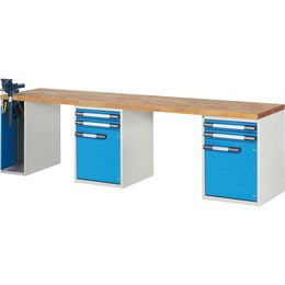 eurokraft pro Werkbank, Baukastensystem Serie 7000, 4 Schubladen, 2 Türen, 1 Schraubstock linksseitig, BxT 3000 x 700 mm