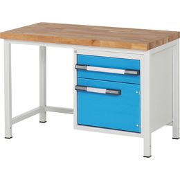 eurokraft pro Werkbank, Gestellbauweise Serie 8000, 1 Schublade 180 mm, 1 T&uuml;r 360 mm, BxT 1250 x 700 mm