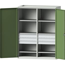 eurokraft pro Schwerlastschrank JUMBO aus Stahlblech, 6 Fachböden, 6 Schubladen 120 mm hoch, lichtgrau/resedagrün