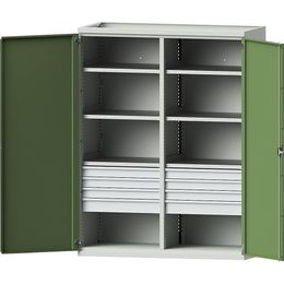 eurokraft pro Schwerlastschrank JUMBO aus Stahlblech, 6 Fachböden, Schubladen 6 x 90 mm, 2 x 120 mm hoch, lichtgrau/resedagrün
