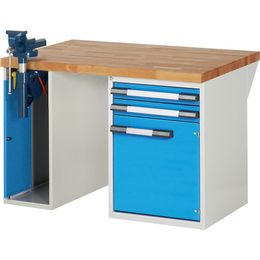 eurokraft pro Werkbank, Baukastensystem Serie 7000, 2 Schubladen, 1 Tür, 1 Schraubstock linksseitig, BxT 1250 x 900 mm