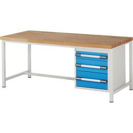 eurokraft pro Werkbank, Gestellbauweise Serie 8000, 3 Schubladen: 1 x 120, 1 x 180, 1 x 240 mm, BxT 2000 x 900 mm