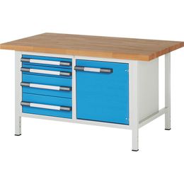 eurokraft pro Werkbank, Gestellbauweise Serie 8000, 4 Schubladen: 2 x 90, 2 x 180 mm, 1 T&uuml;r 540 mm, BxT 1500 x 900 mm