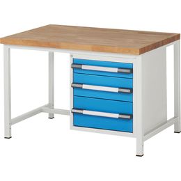 eurokraft pro Werkbank, Gestellbauweise Serie 8000, 3 Schubladen: 1 x 120, 1 x 180, 1 x 240 mm, BxT 1250 x 900 mm