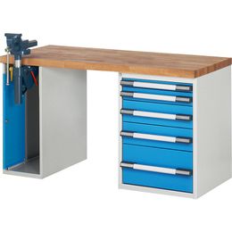 eurokraft pro Werkbank, Baukastensystem Serie 7000, 5 Schubladen, 1 Schraubstock linksseitig, BxT 1500 x 700 mm