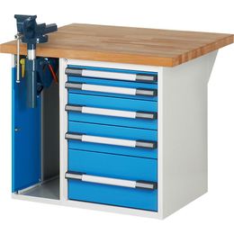 eurokraft pro Werkbank, Baukastensystem Serie 7000, 5 Schubladen, 1 Schraubstock linksseitig, BxT 1000 x 900 mm