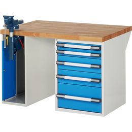 eurokraft pro Werkbank, Baukastensystem Serie 7000, 5 Schubladen, 1 Schraubstock linksseitig, BxT 1250 x 900 mm