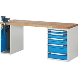 eurokraft pro Werkbank, Baukastensystem Serie 7000, 5 Schubladen, 1 Schraubstock linksseitig, BxT 2000 x 700 mm