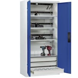 C+P Akku-Ladeschrank COMFORT, mit Vollblecht&uuml;ren, 3 Schubladen, lichtgrau / enzianblau
