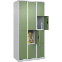 C+P 4er-Schlie&szlig;fachschrank Classic PLUS, 3 Abteile, lichtgrau / resedagr&uuml;n, B 900 mm, 12 F&auml;cher, mit Bodengleitern