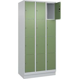 C+P 4er-Schlie&szlig;fachschrank Classic PLUS, 3 Abteile, lichtgrau / resedagr&uuml;n, B 900 mm, 12 F&auml;cher, mit Bodensockel