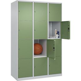 C+P 4er-Schlie&szlig;fachschrank Classic PLUS, 3 Abteile, lichtgrau / resedagr&uuml;n, B 1200 mm, 12 F&auml;cher, mit Bodengleitern