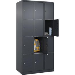 C+P 4er-Schlie&szlig;fachschrank Classic PLUS, 3 Abteile, grau, B 900 mm, 12 F&auml;cher, mit Bodengleitern