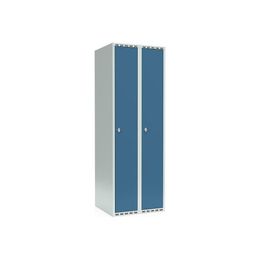 Spind Fydor, 2 Abteile, lichtgrau / brillantblau, B 600 mm, 2 Abteile, flache Dachform, Vorh&auml;ngeschloss kaiserkraft