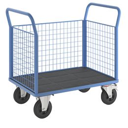 eurokraft pro Plattformwagen, 3 hohe Gitterw&auml;nde, LxB 1050 x 700 mm, Vollgummireifen