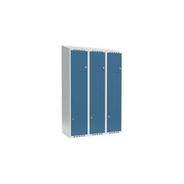Z-Spind Fydor, 3 Abteile, lichtgrau / brillantblau, B 1200 mm, 3 Abteile, schräge Dachform, Vorhängeschloss kaiserkraft