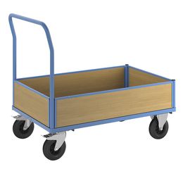eurokraft pro Plattformwagen mit Holzwänden, mit 4 halbhohen Wänden, LxB 1250 x 800 mm, Vollgummireifen