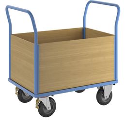 eurokraft pro Plattformwagen mit Holzw&auml;nden, mit 4 hohen W&auml;nden, LxB 1050 x 700 mm, Luftreifen