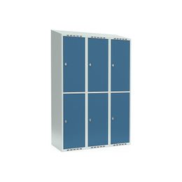 Doppelstock-Spind Fydor, 3 Abteile, lichtgrau / brillantblau, B 1200 mm, 3 Abteile, schr&auml;ge Dachform, Vorh&auml;ngeschloss kaiserkraft