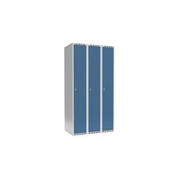 Spind Fydor, 3 Abteile, lichtgrau / brillantblau, B 900 mm, 3 Abteile, flache Dachform, Zylinderschloss kaiserkraft