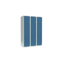 Z-Spind Fydor, 3 Abteile, lichtgrau / brillantblau, B 1200 mm, 3 Abteile, flache Dachform, Vorhängeschloss kaiserkraft