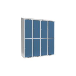 Doppelstock-Spind Fydor, 4 Abteile, lichtgrau / brillantblau, B 1200 mm, 4 Abteile, schr&auml;ge Dachform, Zylinderschloss kaiserkraft