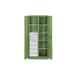 C+P Materialschrank aus Stahlblech, 6 Fachb&ouml;den, 8 Schubladen, HxBxT 1950 x 930 x 500 mm, resedagr&uuml;n